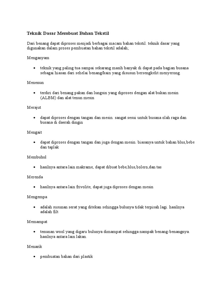 Teknik Dasar Membuat Bahan Tekstil | PDF