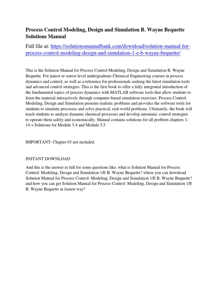Process Control Modeling, Design and Simulation B. Wayne Bequette ...