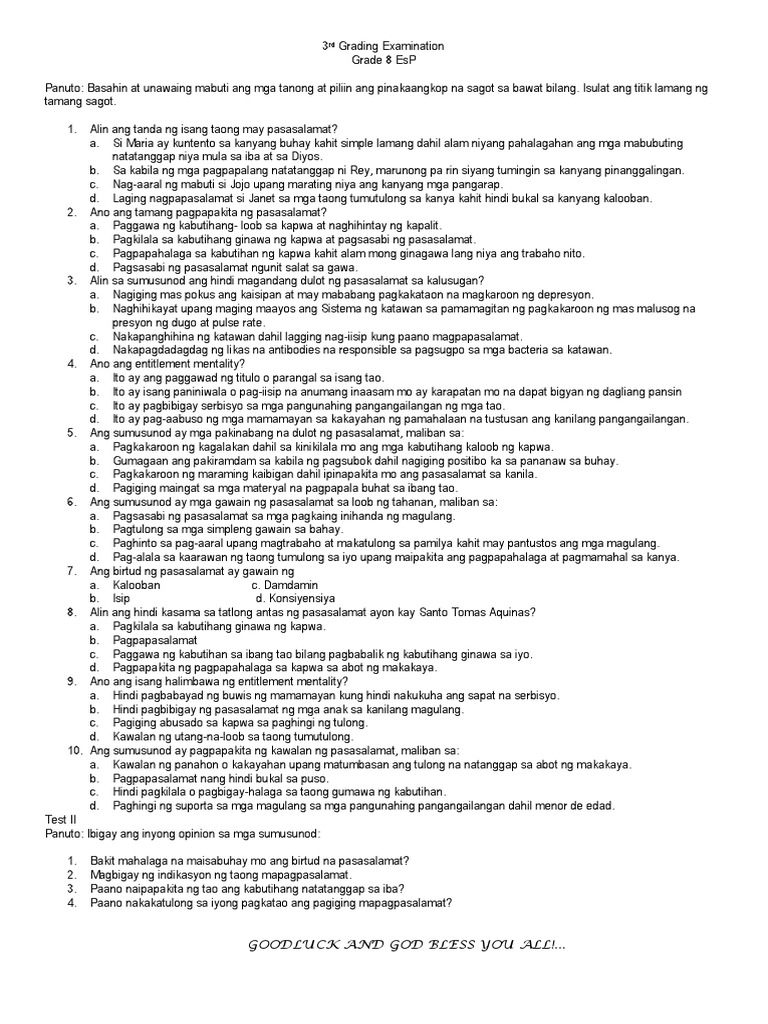 3rd Grading Examination (EsP 8) | PDF