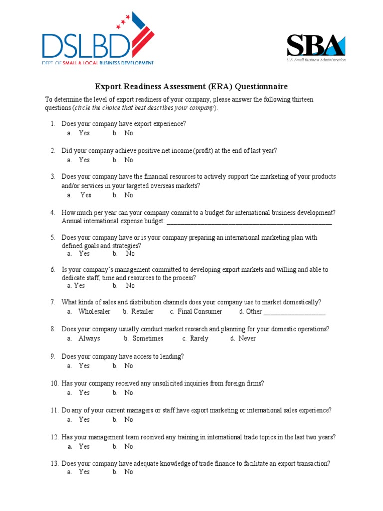 Export Readiness Assessment (ERA) Questionnaire | PDF | Exports | Marketing