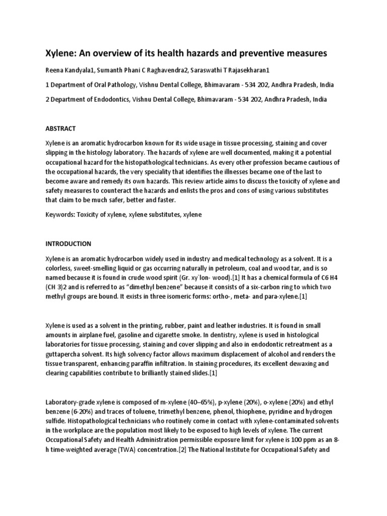 Xylene: An Overview of Its Health Hazards and Preventive Measures ...