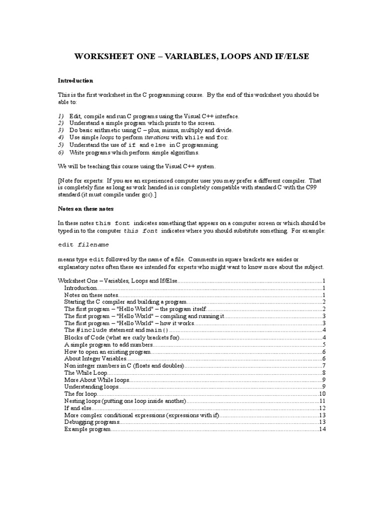 Worksheet One - Variables, Loops and If/Else | PDF | C (Programming ...