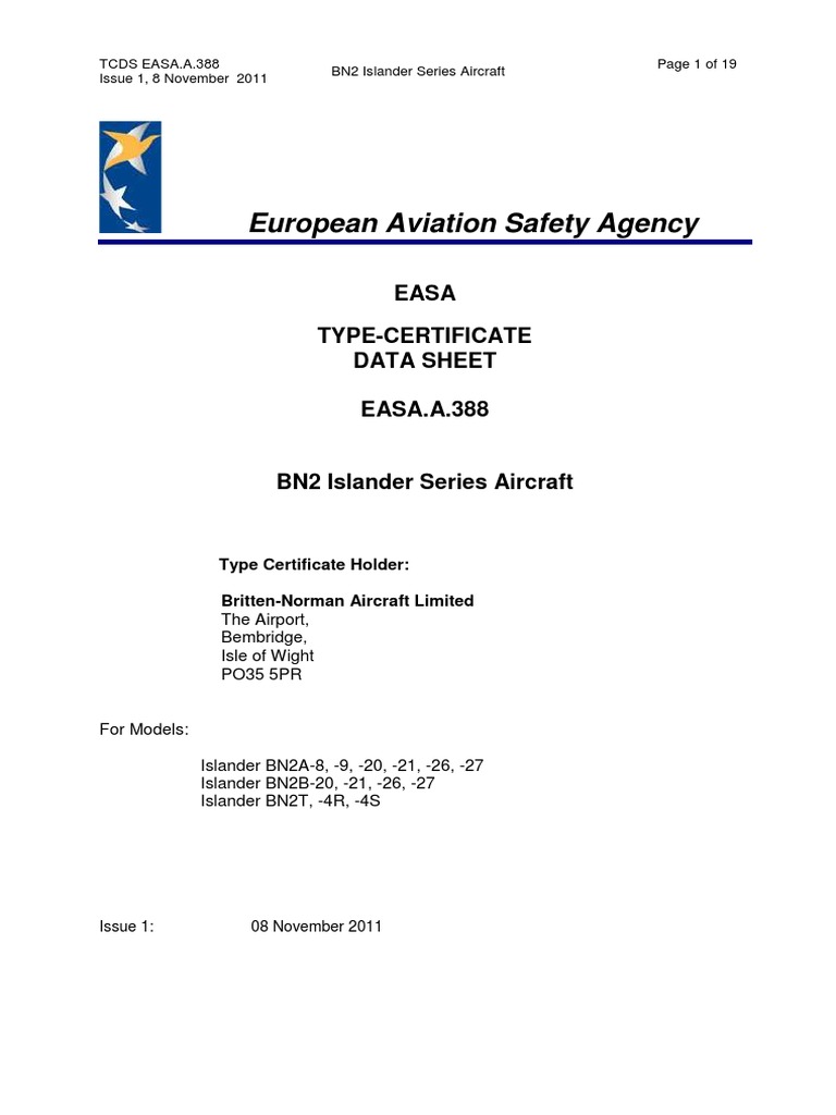 Easa Tcds A.388 Bn2 Islander Series 01 08112011 | PDF | Aircraft | Aviation