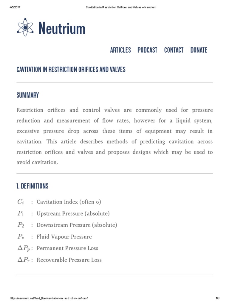 Cavitation in Restriction Orifices and Valves - Neutrium | PDF | Valve ...