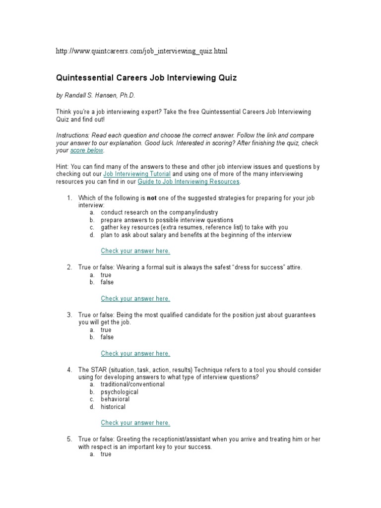 Quintessential Careers Job Interviewing Quiz | PDF | Job Interview ...