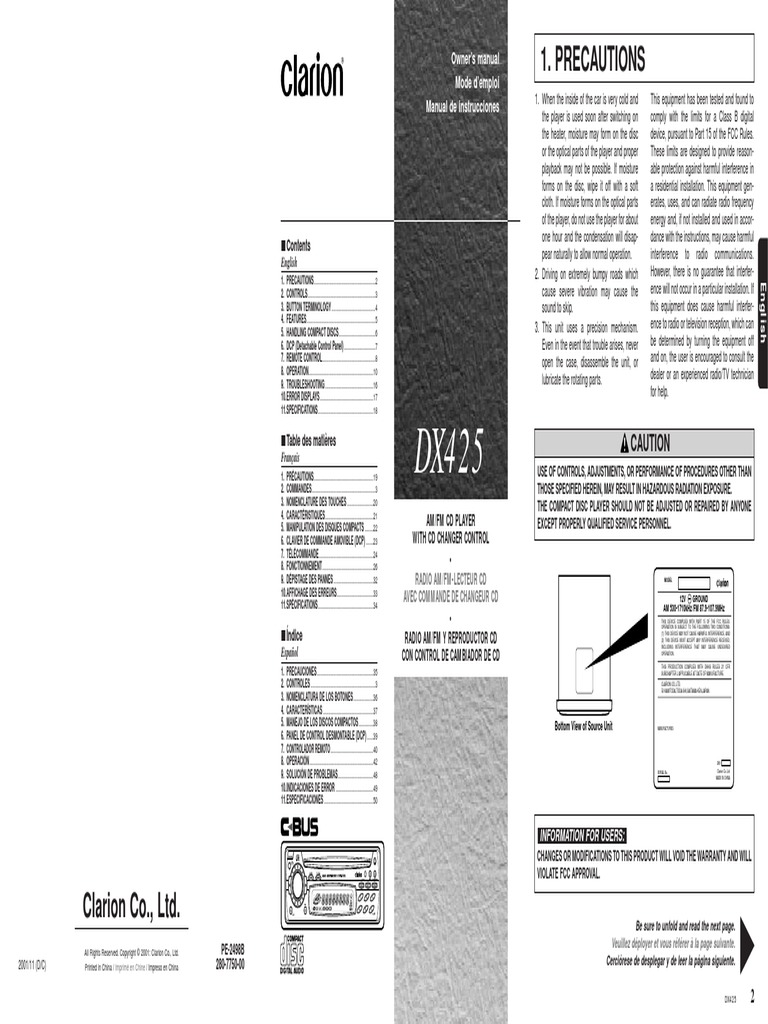 Clarion DX425 (Manual) | PDF | Compact Disc | Electromagnetic Interference