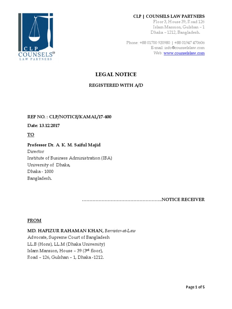 Legal Notice Sample | PDF | Dhaka | World Politics