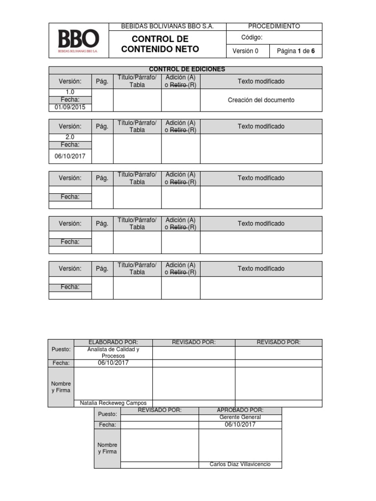 Procedimiento de Control de Contenido Neto | PDF | Calidad (comercial ...