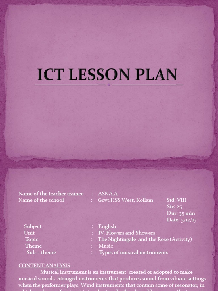 Ict Lesson Plan | PDF | Musical Instruments | Educational Technology