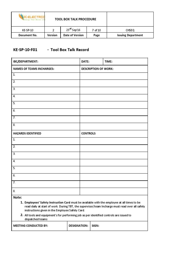 Tool Box Talk Procedure | PDF