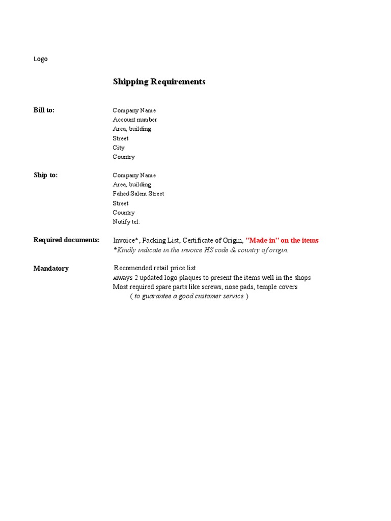 Shipping Requirements and Logistics for Product Distribution including ...