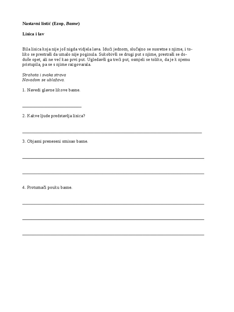 Nastavni Listić, Basna | PDF