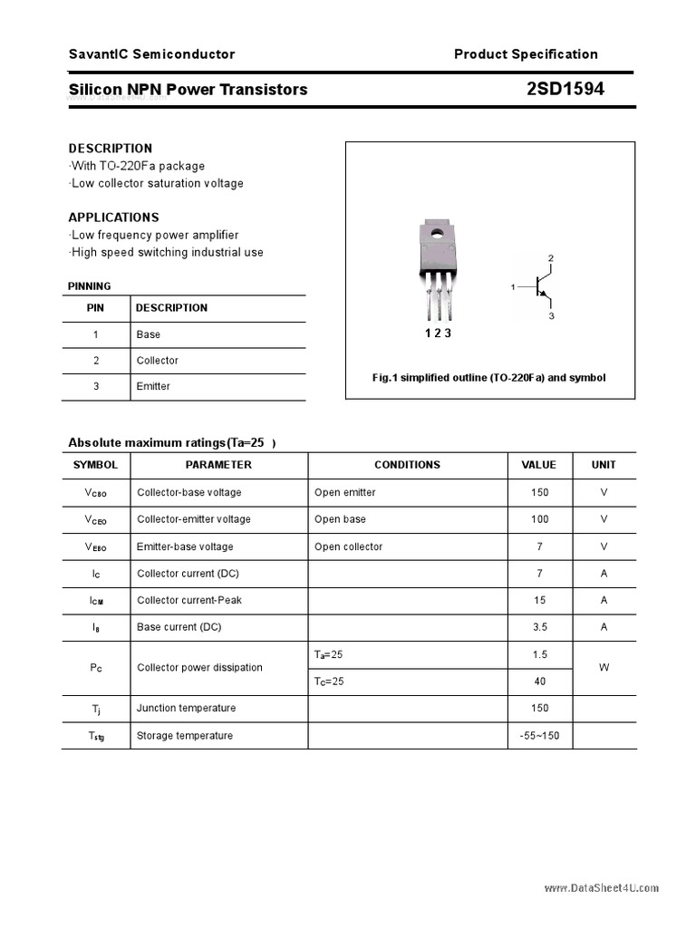 D1594 SavantIC | PDF | Bipolar Junction Transistor | Transistor