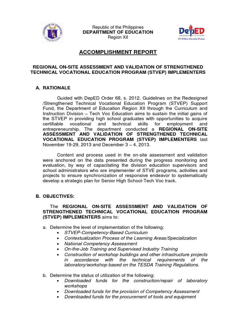 Accomplishment (STVEP On-Site Assessment) .Doc Part2 | PDF | Vocational ...