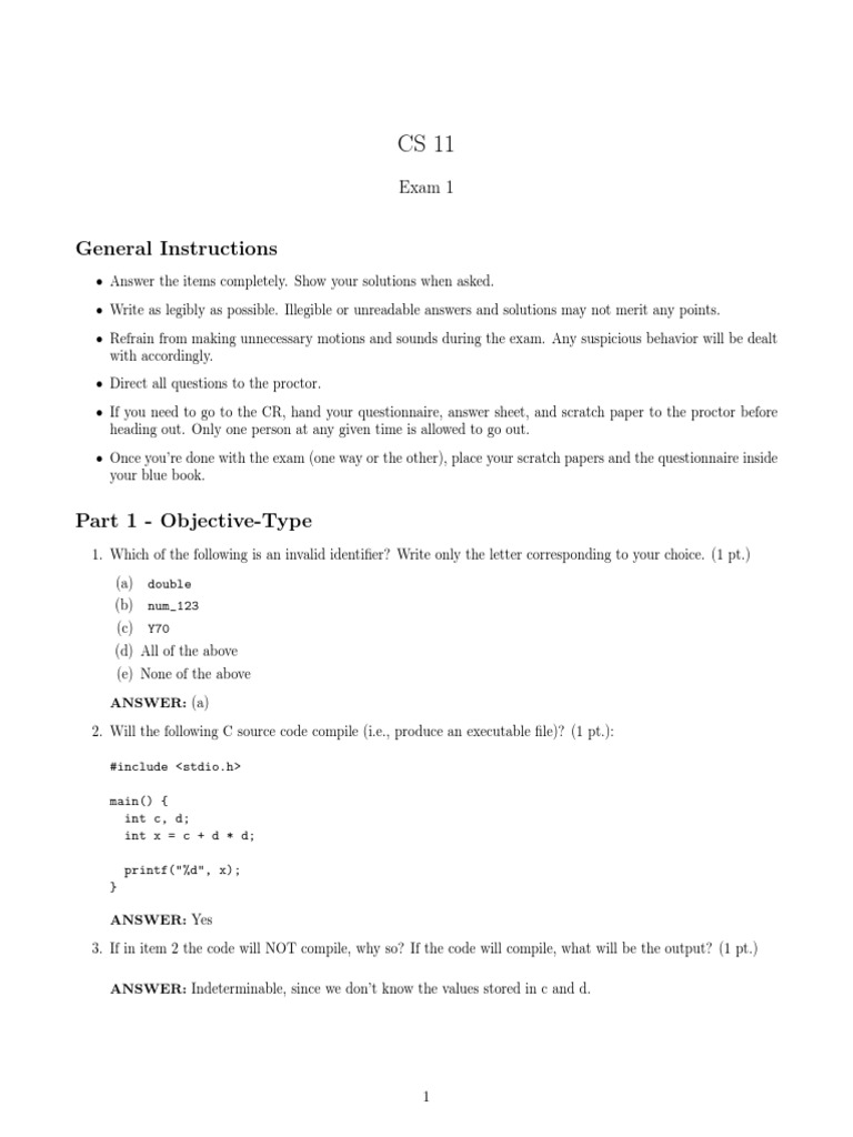 Cs 11 Exam 1 Answer Key Pdf Pdf Array Data Type Integer Computer Science 