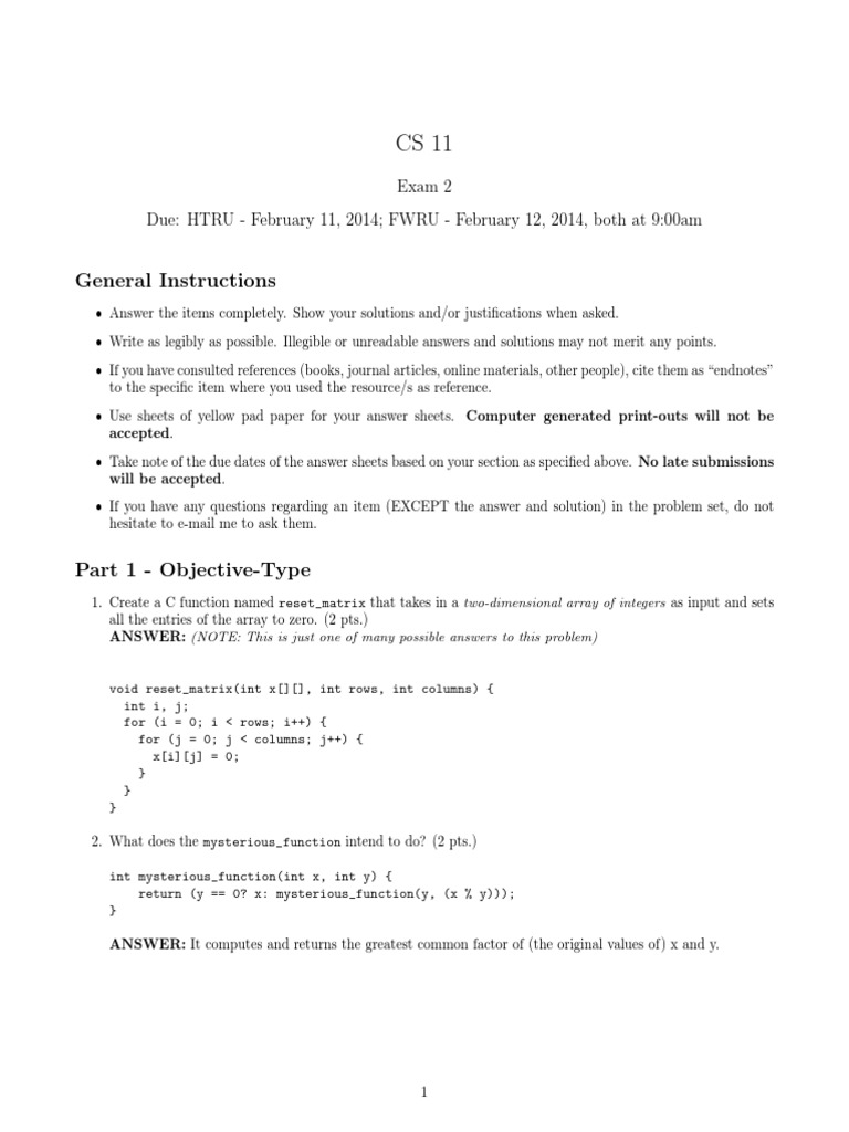 CS 11 - Long Exam 2 - Answer Key PDF | PDF | Pointer (Computer Programming) | C (Programming ...