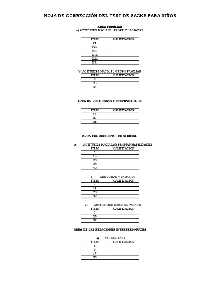 Corrección Test Sacks para Niños | PDF