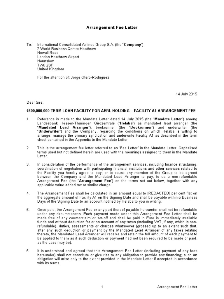 Redacted Arrangement Fee Letter | Fee | Taxes