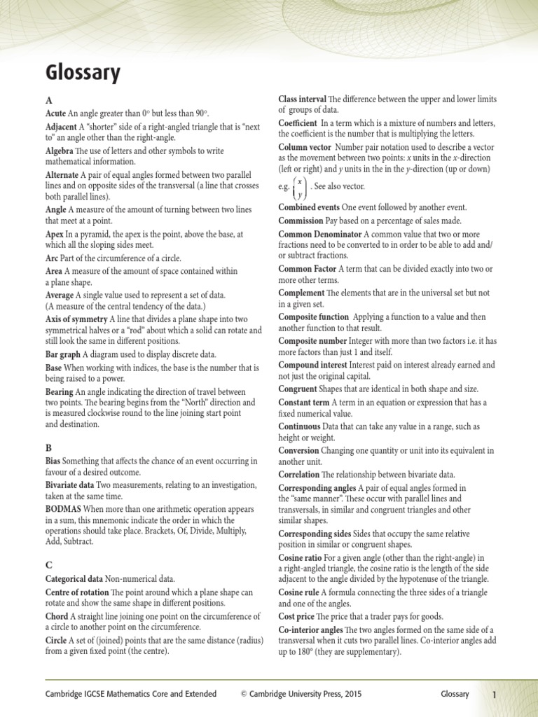 Glossary: Cambridge IGCSE Mathematics Core and Extended © Cambridge ...