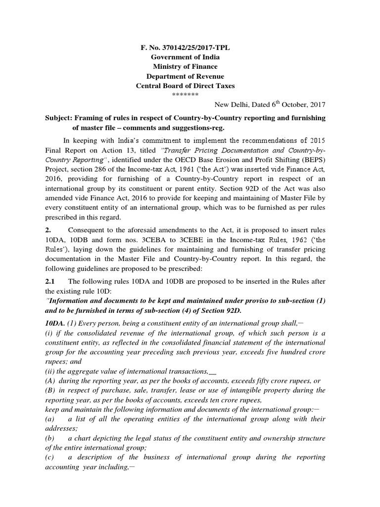 2017-10-06 - CBDT's Letter Inviting Comments - DRAFT Rules For CBC ...