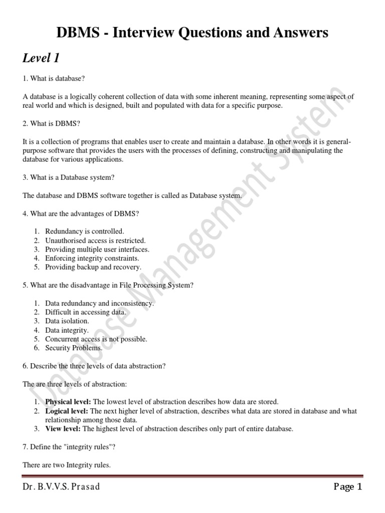 DBMS - Interview Questions and Answers: Level 1 | PDF | Relational Database | Databases