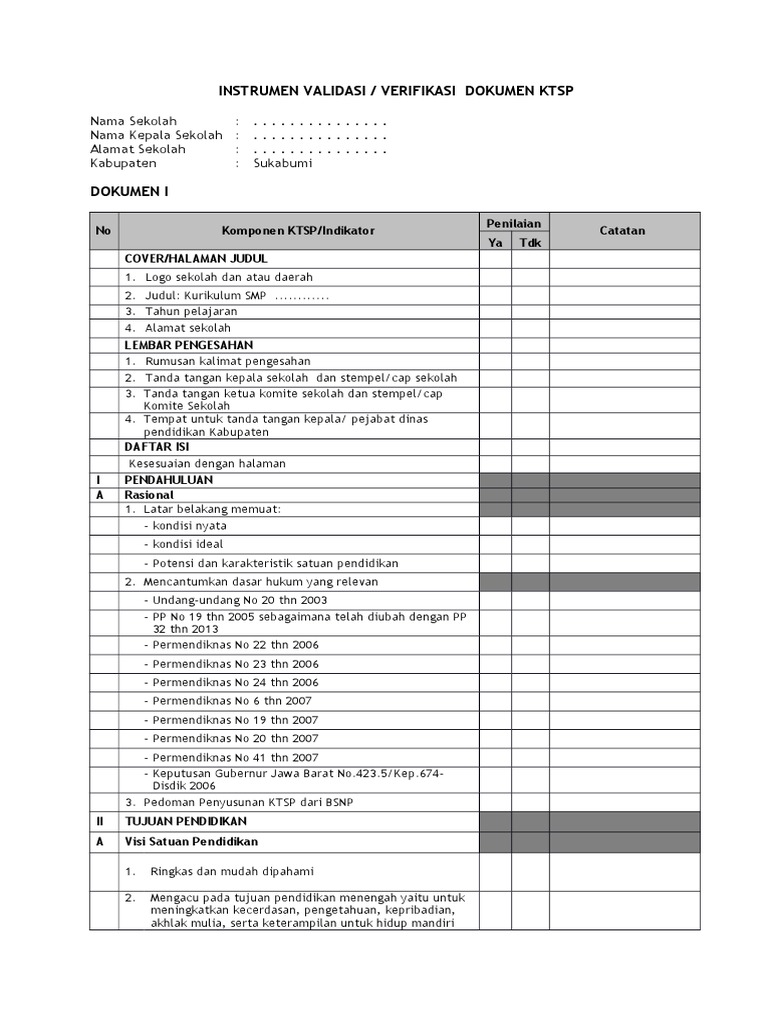 Instrumen Validasi Verifikasi Dokumen KTSP | PDF