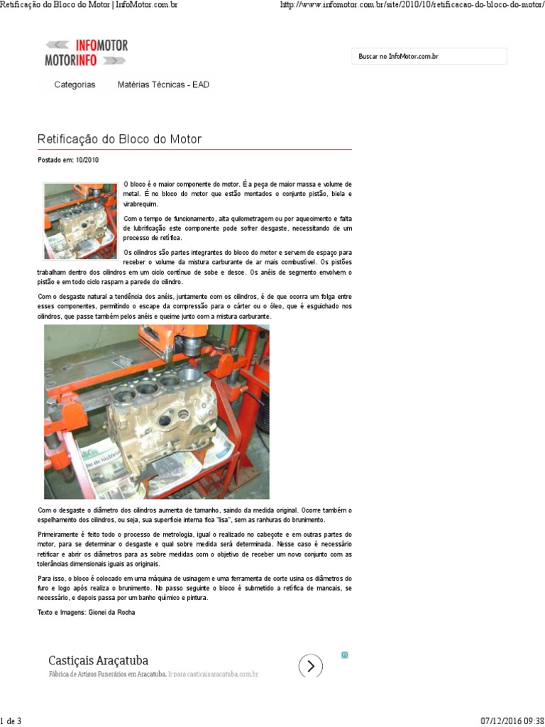 Retificação Do Bloco Do Motor | PDF | Pistão | Tecnologia de veículos