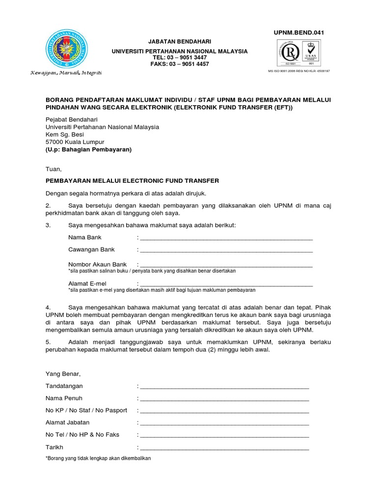 BEND.043 - Borang Pendaftaran Maklumat Individu EFT | PDF