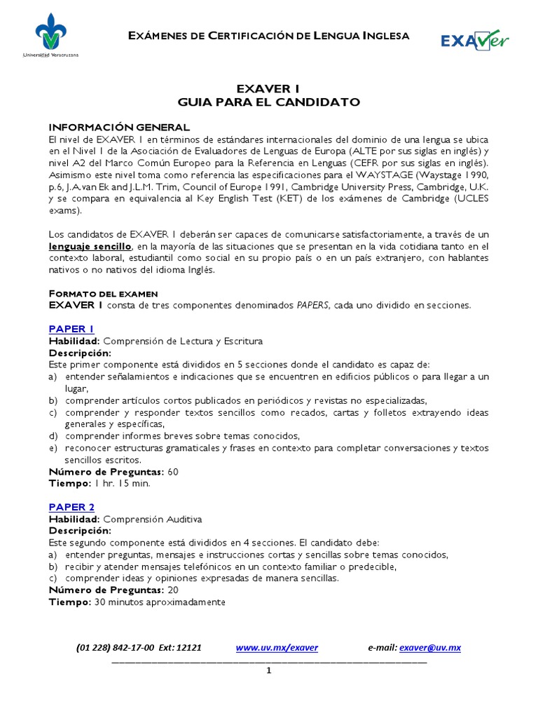 Guía EXAVER 1: Certificación Inglés A2 | PDF | Idioma en Inglés | Idiomas