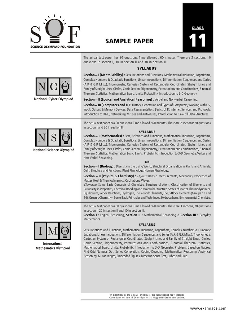 SOF Sample Paper Class 11 PCB | PDF | Hydrogen | Chemistry