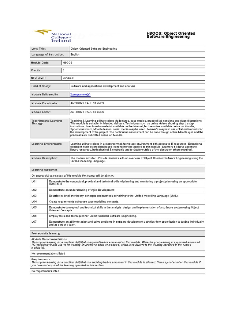 Module Object Oriented Software Engineering Pdf Software Development Use Case