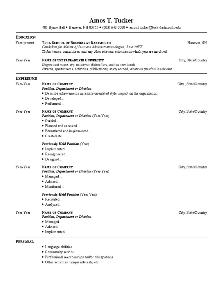 Tuck Resume Template | PDF