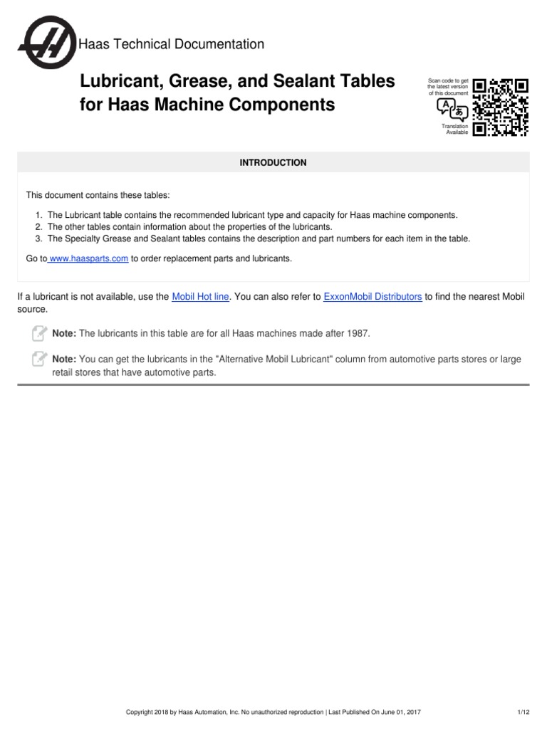 Lubricant Grease and Sealant Tables For Haas Machine Components | PDF ...