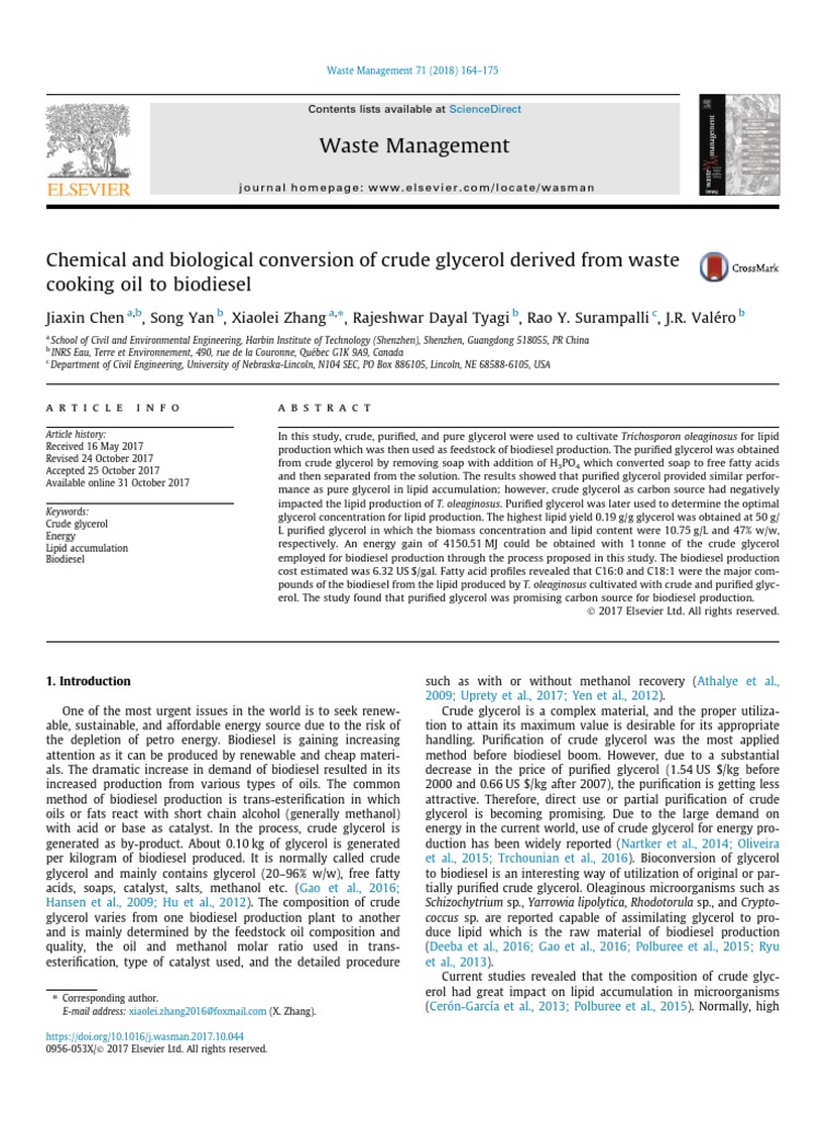 Chemical and Biological Conversion of Crude Glycerol Derived From Waste ...
