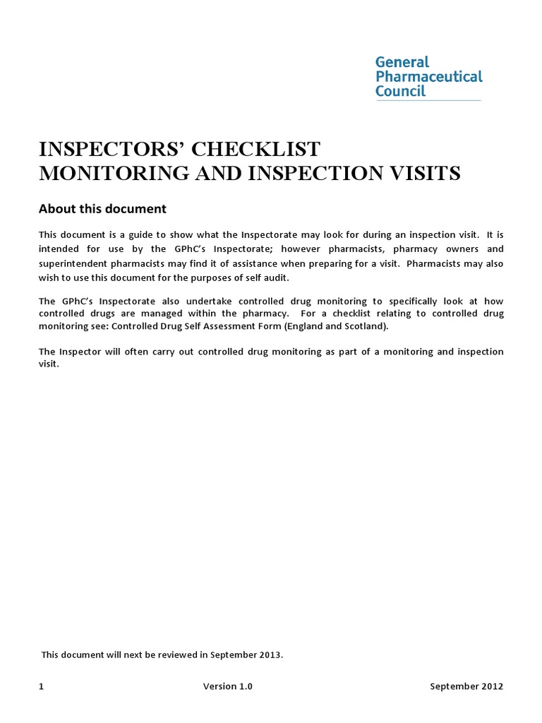 Inspector Checklist Website Version Sep12 | Pharmacy | Pharmaceutical Drug