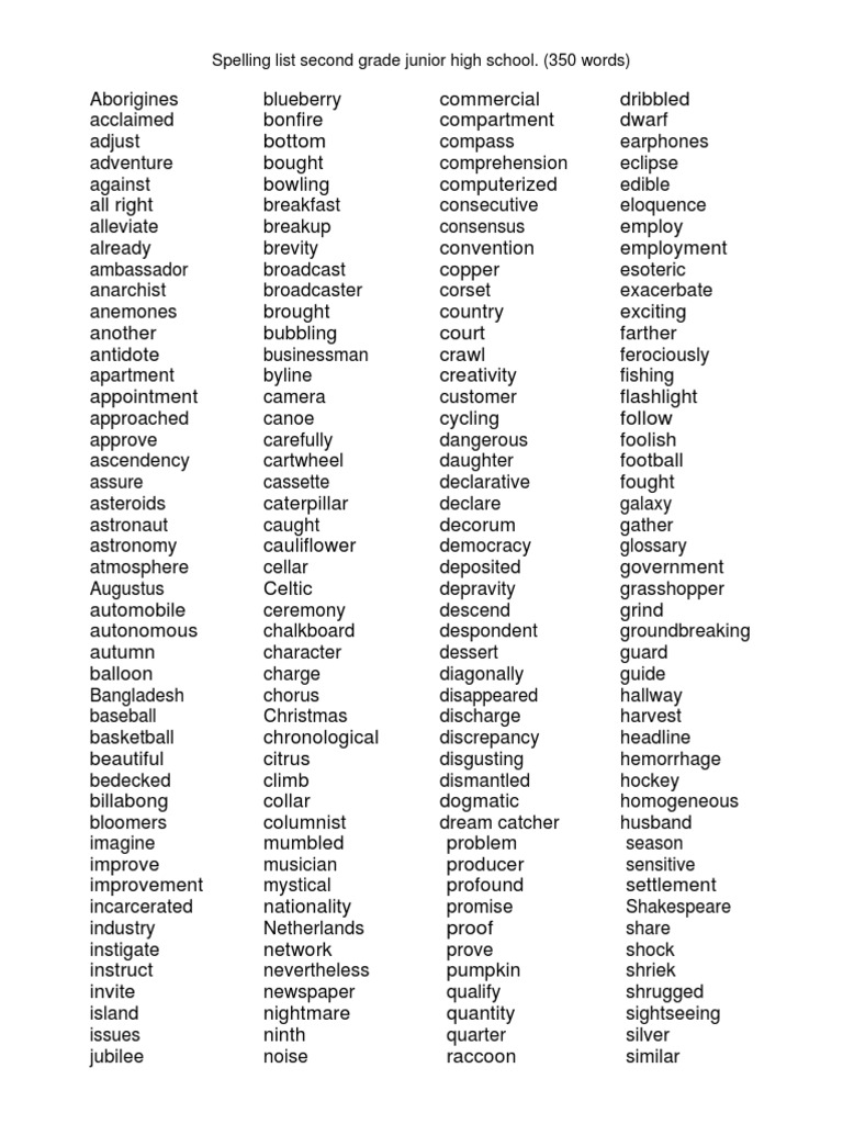 Spelling List Second Grade Junior High School. (350 Words) | PDF | Nature