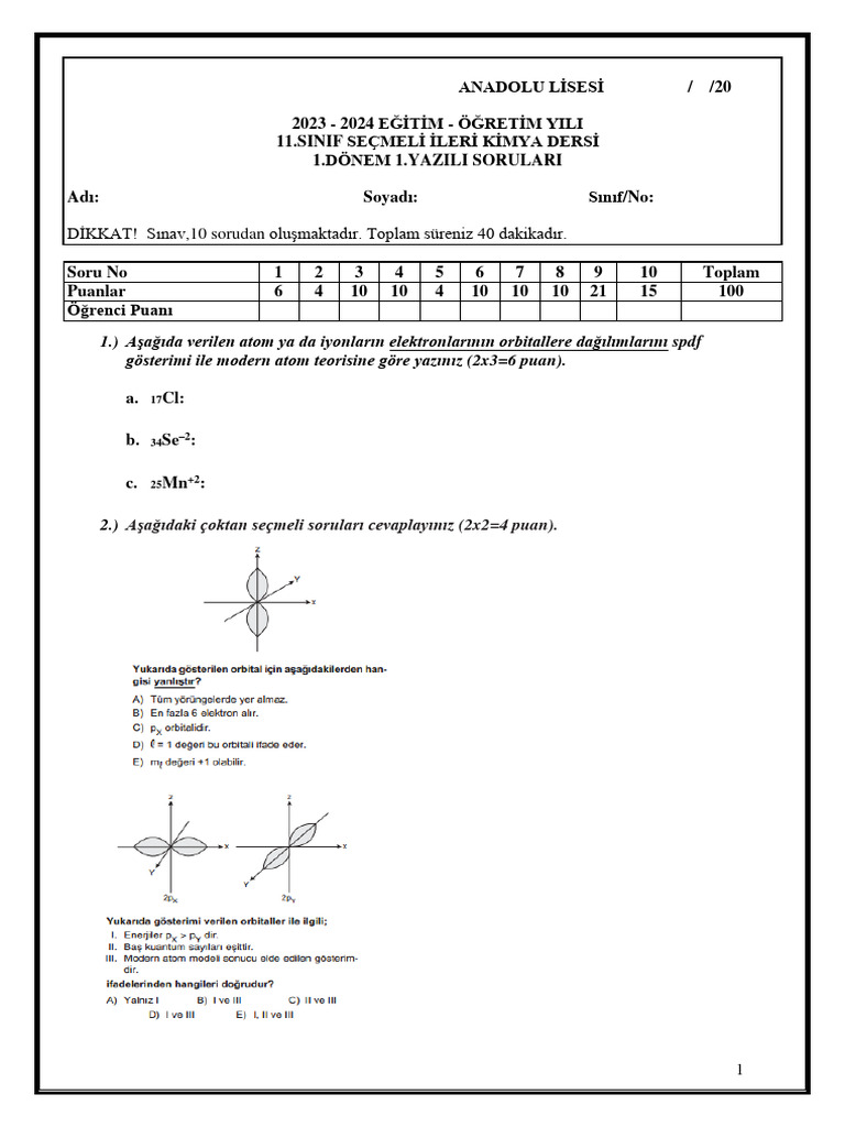 11.SINIF KİMYA 1.DÖNEM 1.YAZILI SORU KAĞIDI VE CEVAP ANAHTARI | PDF
