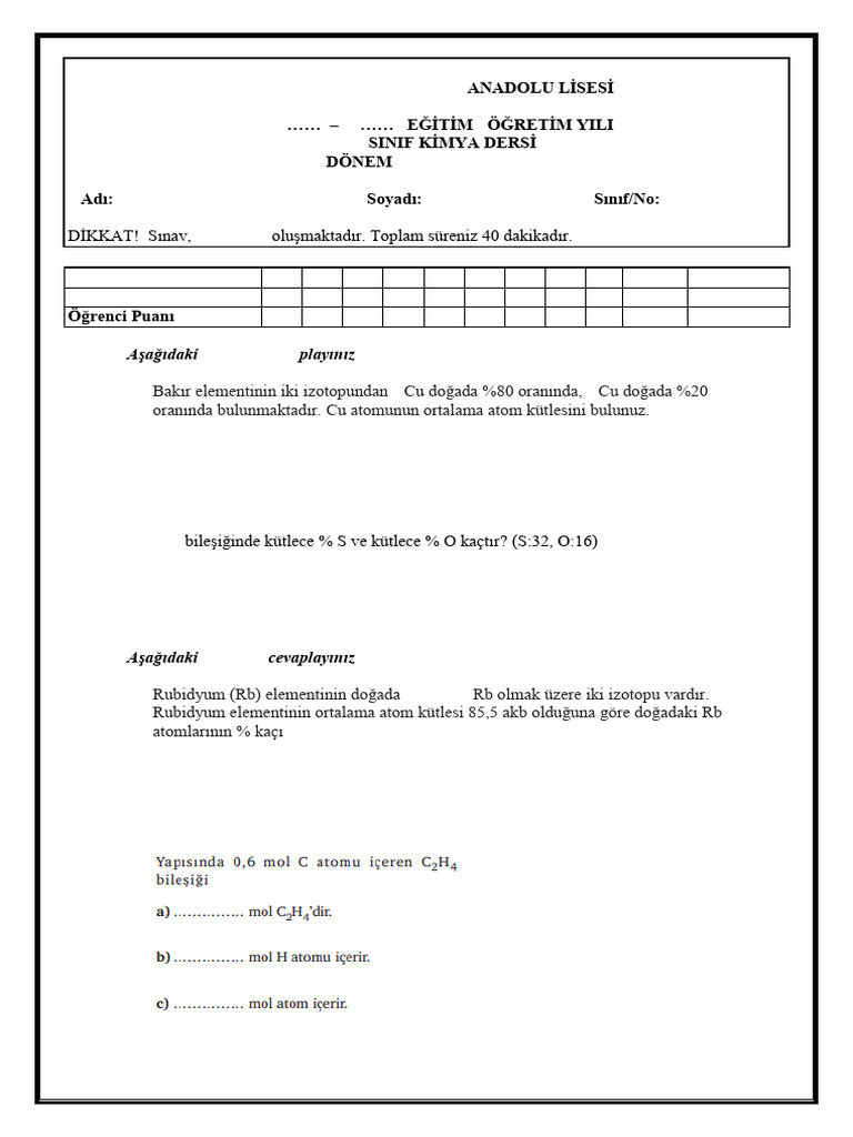 2023-2024 10.sinif Ki̇mya 1.dönem 1.yazili Sorular Ve Cevap Anahtari | PDF