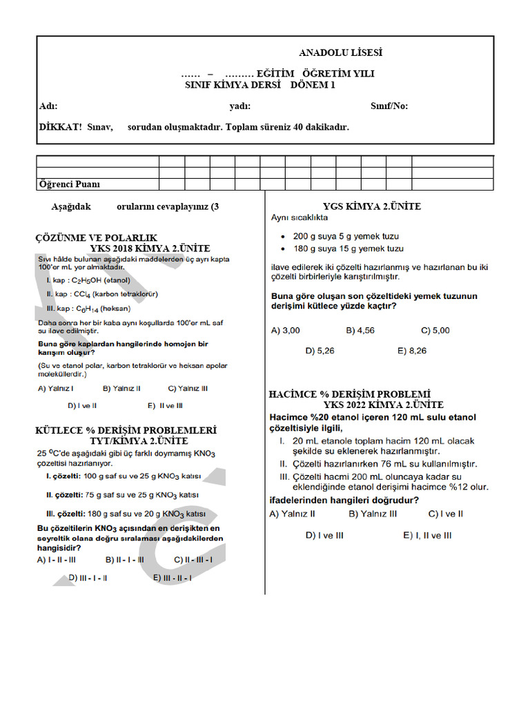 2023-2024 10.sinif Ki̇mya 2.dönem 1.yazili Sorular Ve Cevap Anahtari | PDF