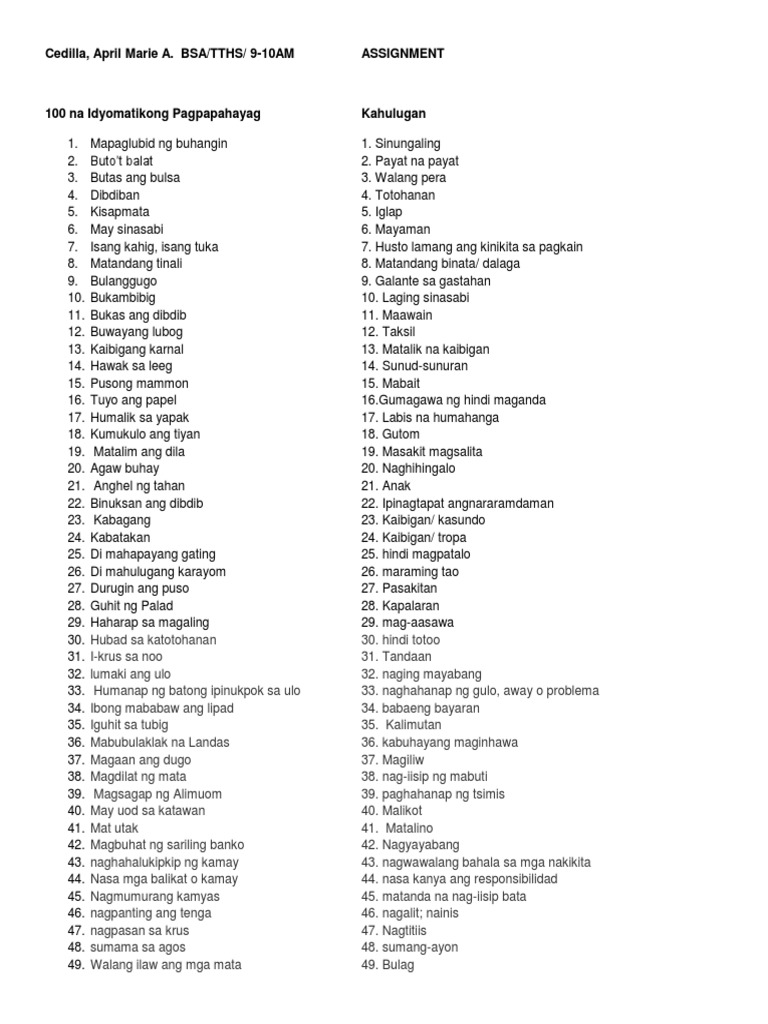 100 Idyomatikong Pahayag at Mga Kahulugan Nito | PDF