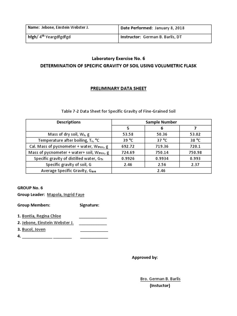 Laboratory Exercise No. 6 Determination of Specific Gravity of Soil Using Volumetric Flask | PDF