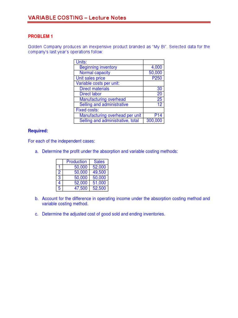 Variable Costing - Lecture Note | PDF | Cost Of Goods Sold | Inventory