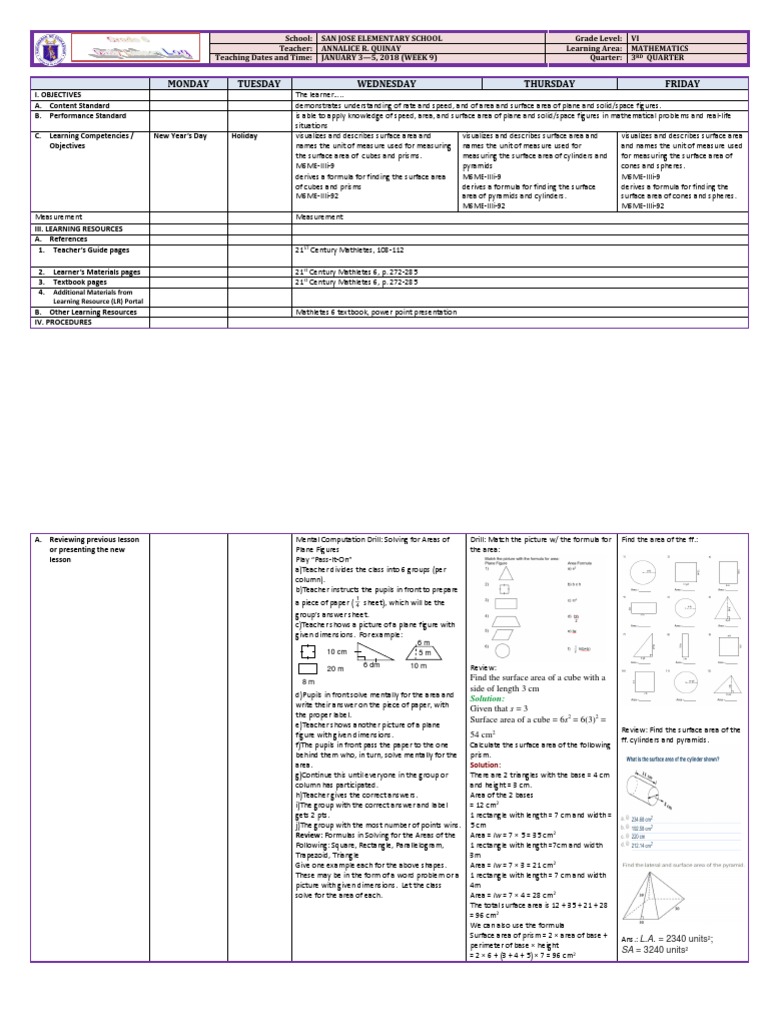 Annalice R. Quinay DLL Math 6 q3 Week 9 | PDF | Area | Surface Area