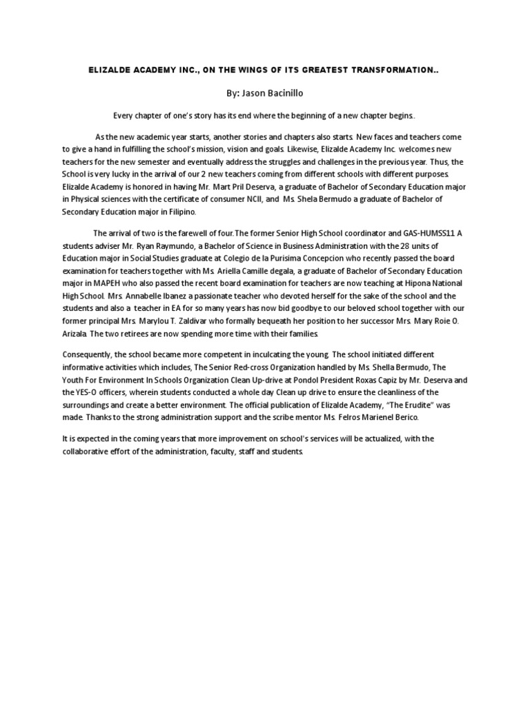 Elizalde Academy Inc Jason | PDF | Traditions | Teachers