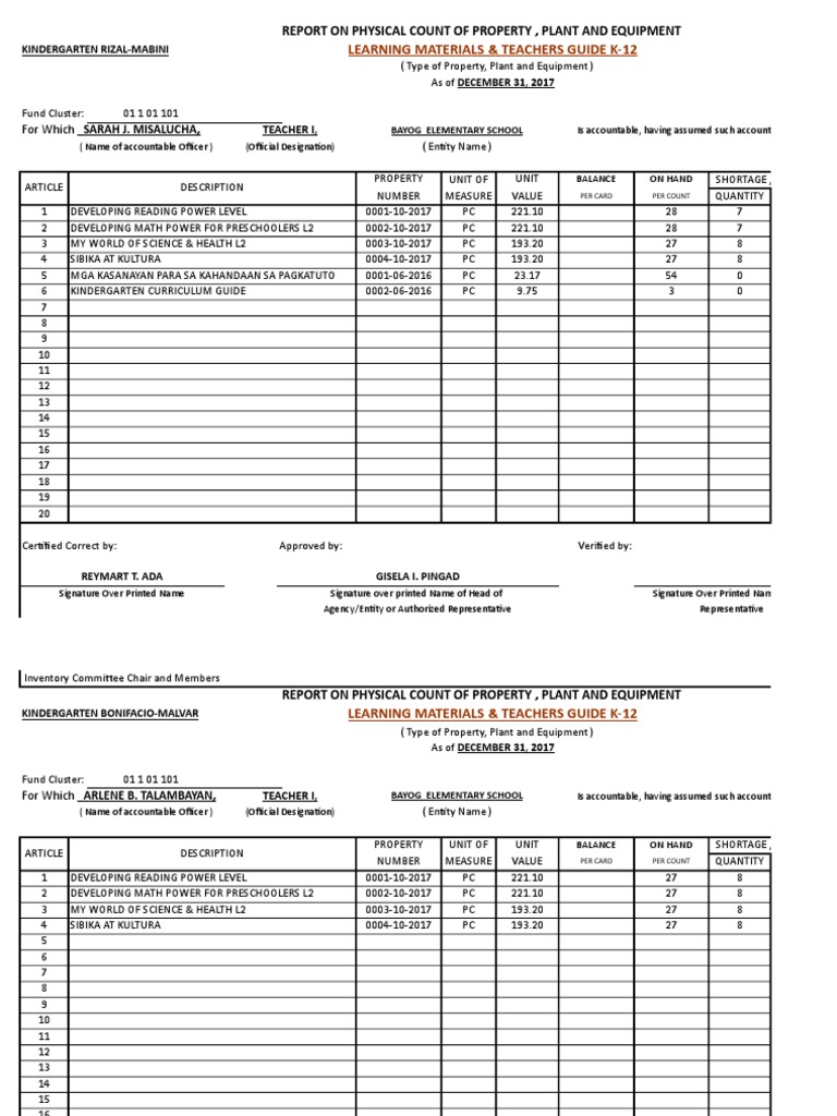 Report On Physical Count of Property Plant Equipment-Bayog Elem School ...
