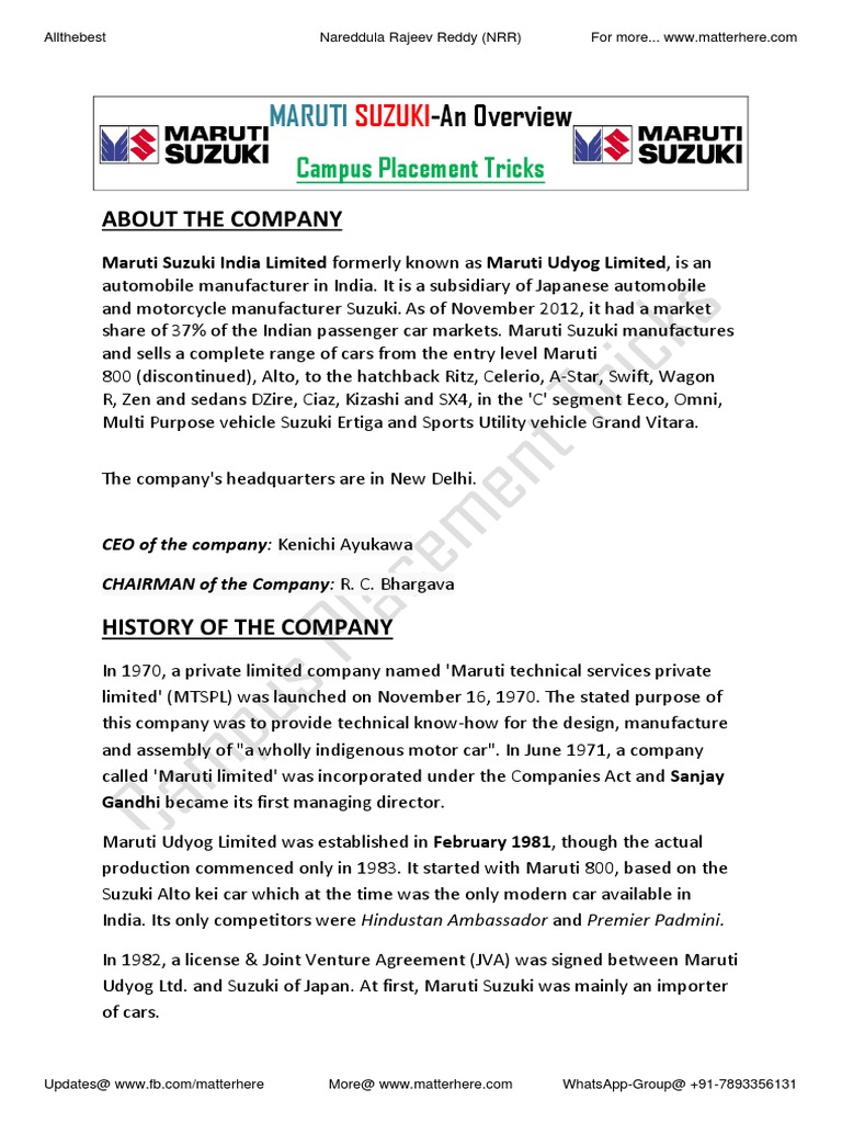 Maruti Suzuki-An Overview of India's Largest Car Manufacturer | PDF ...