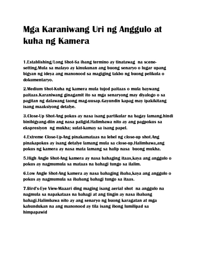 Mga Karaniwang Uri NG Anggulo at Kuha NG Kamera | PDF