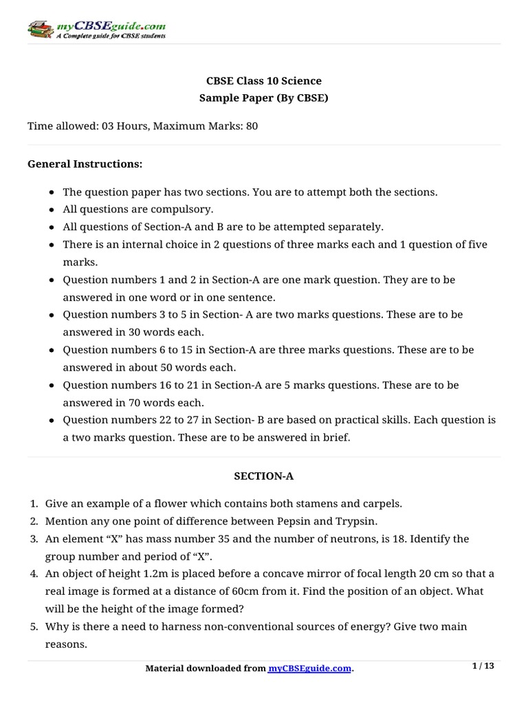 10 Science Sample Paper Cbse | PDF | Fermentation | Electric Current