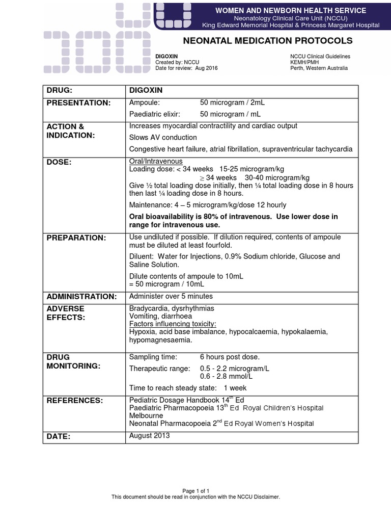 Neonatal Medication Protocols: Drug: Digoxin Presentation | PDF | Dose ...