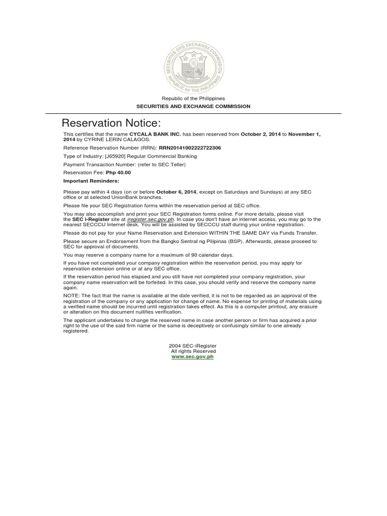 SEC Reservation Notice | PDF | U.S. Securities And Exchange Commission ...
